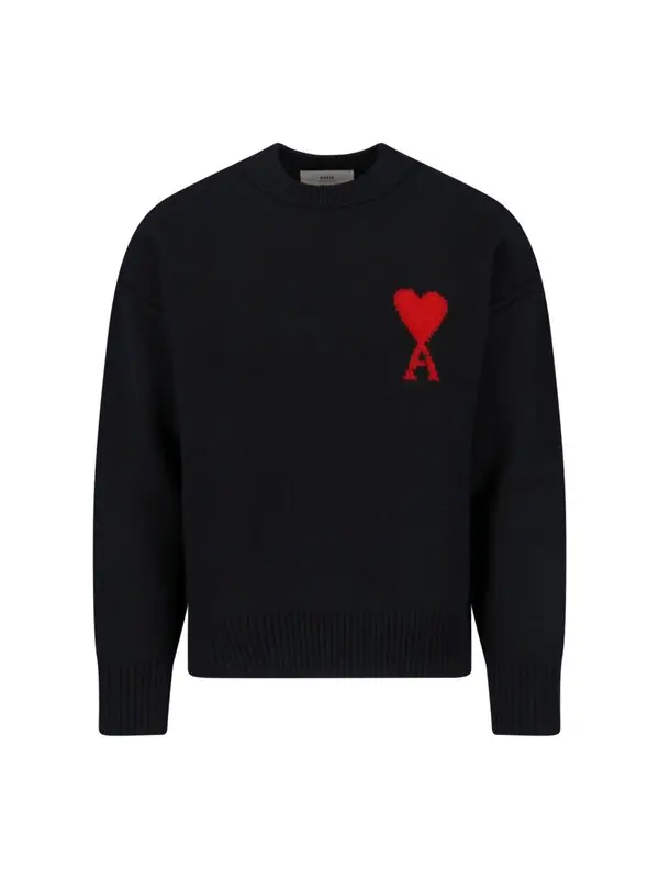 AMI Paris Crewneck Sweater With Contrasted De Coeur - Black