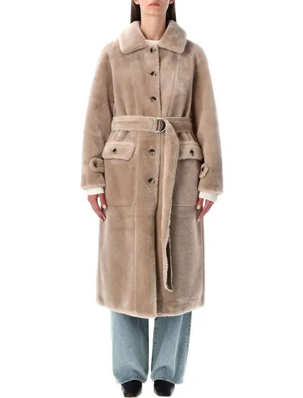 URBANCODE Long Reversible Faux Fur Jacket With Belt - Beige