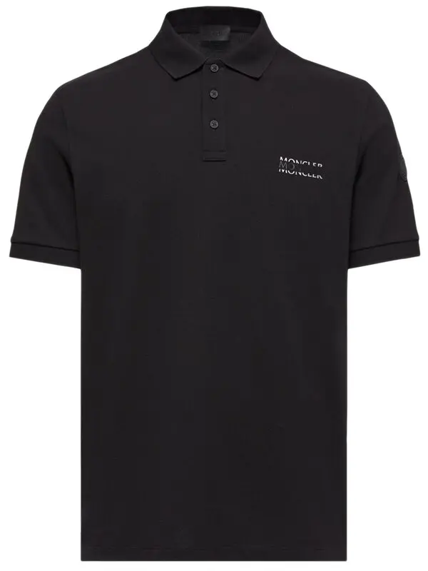 Moncler Short Sleeve Cotton Pique Polo With Woven Trim - Black
