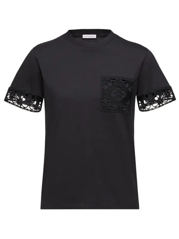 Moncler Embroidered Pocket T-shirt With Decorative Sleeve Edges - Nero