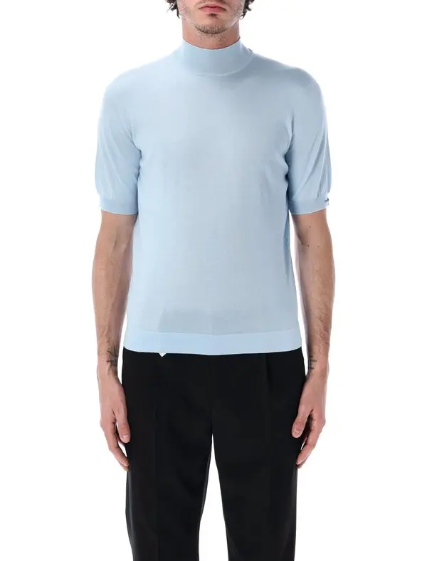 Prada Slim Fit Mock Neck Short Sleeve Sweater - Blu