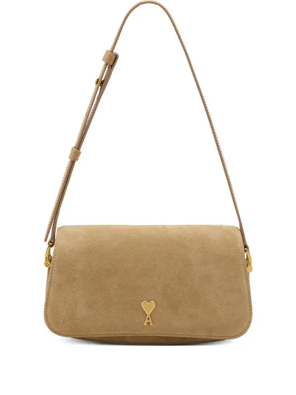 AMI Paris Suede Shoulder Bag With Gold-tone Logo - Beige