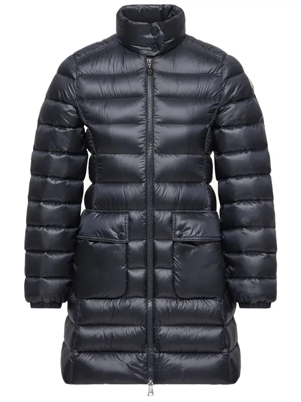 Moncler Long Down-filled Coat With Zip And Snap Button Closure - Blue