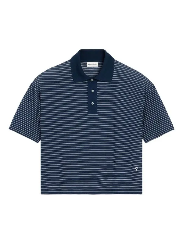 AMI Paris Striped Cotton Polo With De Coeur Embroidery - Blue