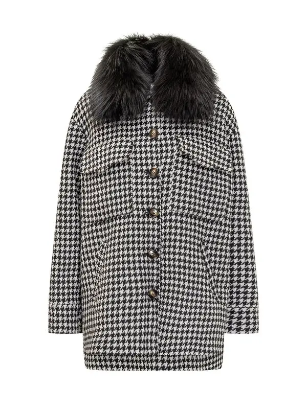 AVA ADORE Houndstooth Jacket With Fur Collar - Black