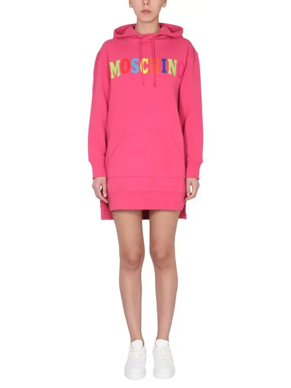 Moschino Hooded Dress With Multicolor Flocked Logo