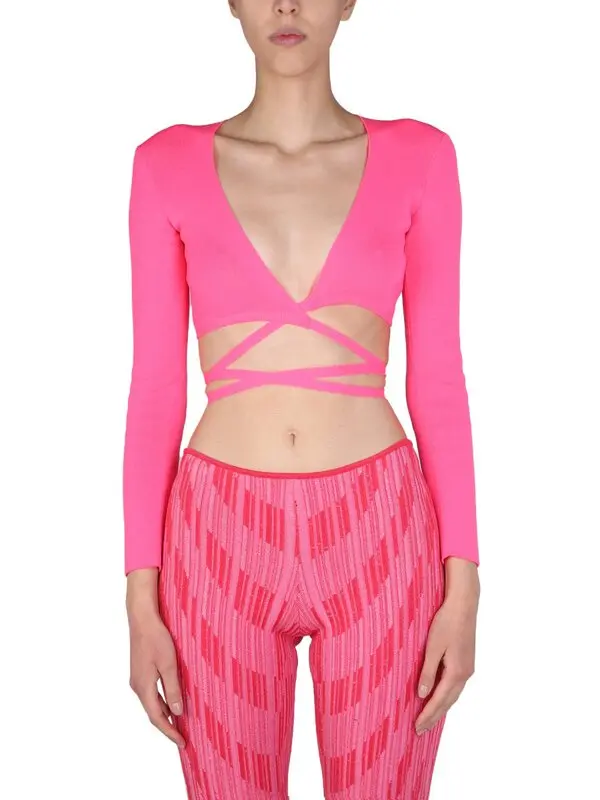 MSGM Cropped V-neck Knit Top - Fuchsia