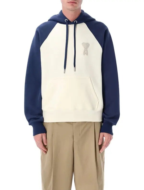 AMI Paris De Coeur Hoodie In Heavy Two-tone Cotton Loopback Knit With Long Sleeves - White