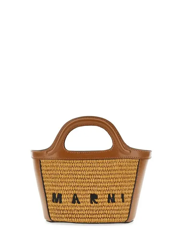 Marni Tropicalia Micro Bag In Leather And Raffia-effect Fabric - Brown