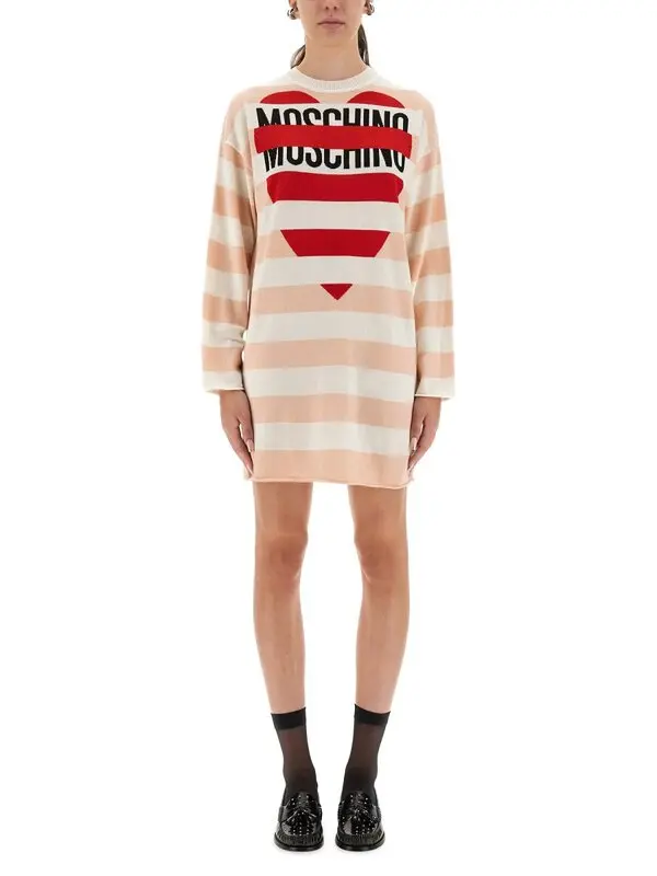 Moschino Striped Heart Logo Long Sleeve Mini Dress - Pink