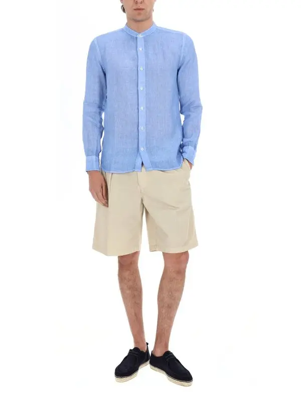 120% Lino Linen Button-front Mandarin Collar Shirt