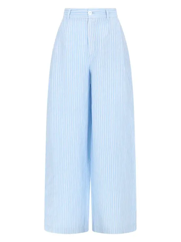 120% Lino Wide-leg Striped Linen Pants - Azure