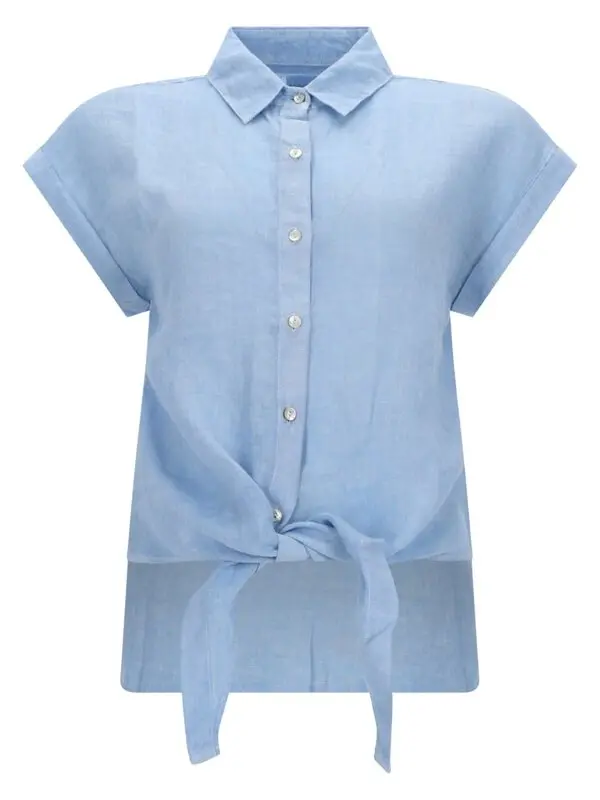 120% Lino Short-sleeve Linen Tie-front Shirt - Azure