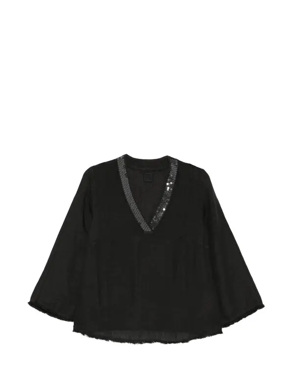 120% Lino V-neck Sequined Linen Top - Nero