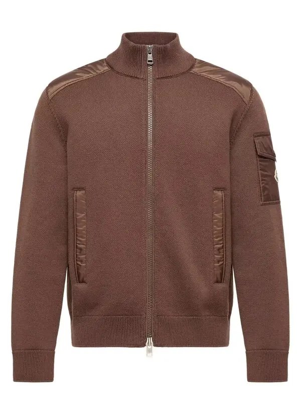 Moncler Extra-fine Wool Sweater With Technical Inserts And Zip Closure - Marrone