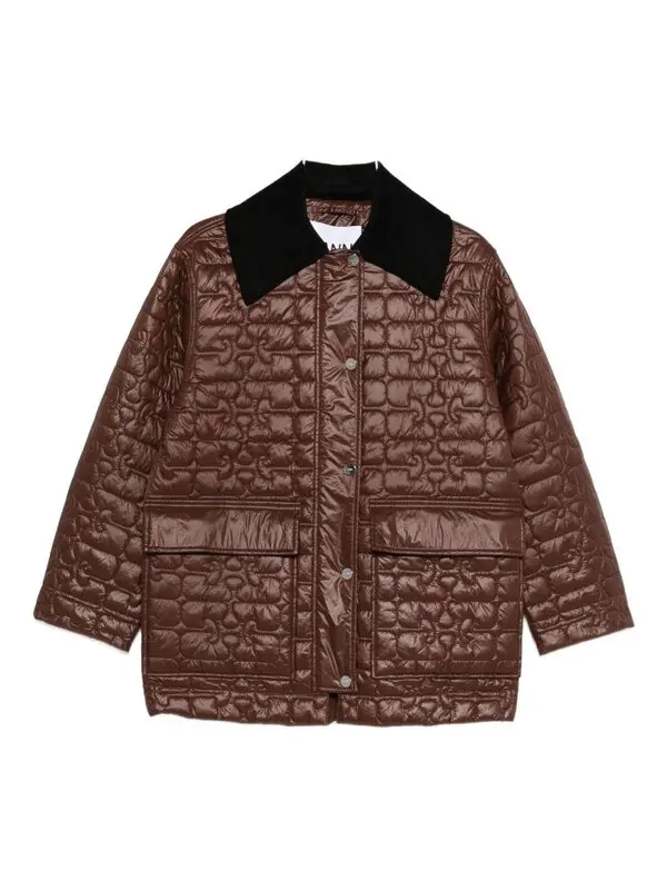 GANNI Shiny Quilt Midi Jacket - Brown