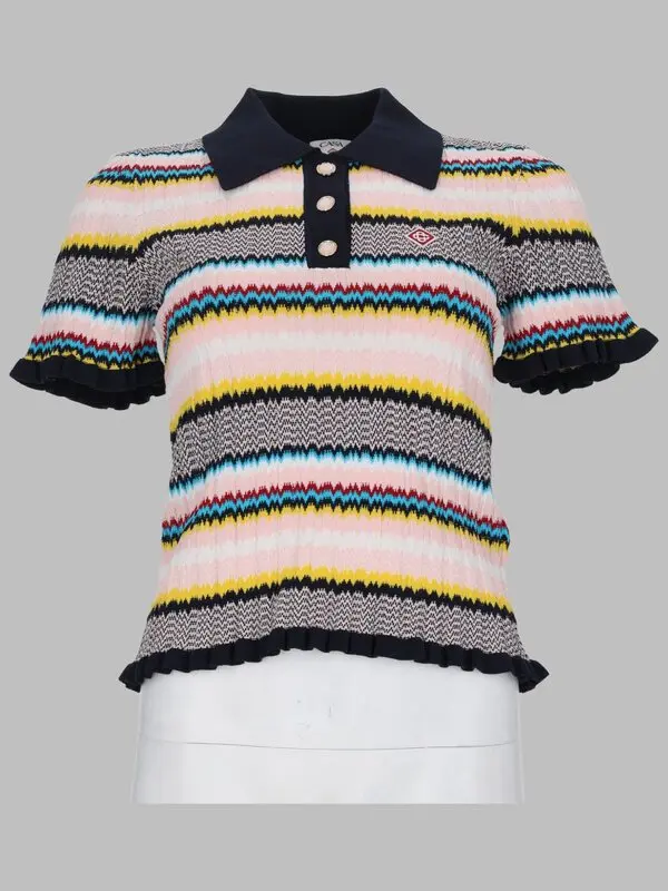 Casablanca Striped Knit Polo Shirt With Ruffle Detail - Multicolour