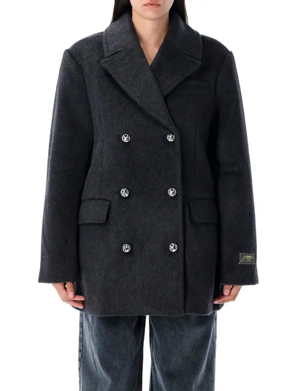 GANNI Double-breasted Recycled Wool Blend Coat - Phantom