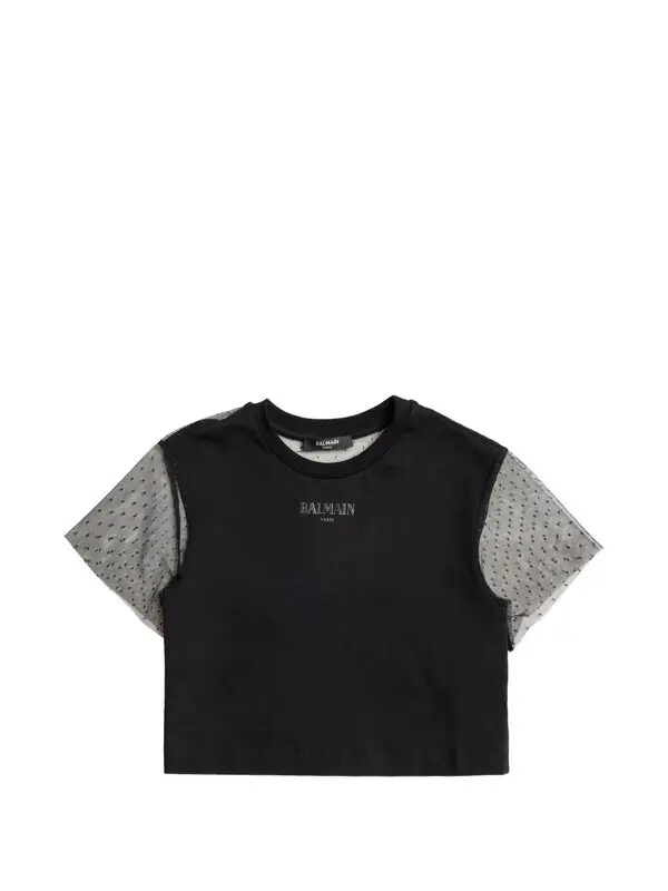 Balmain Mini Tulle Sleeve Top With Front Logo - Black