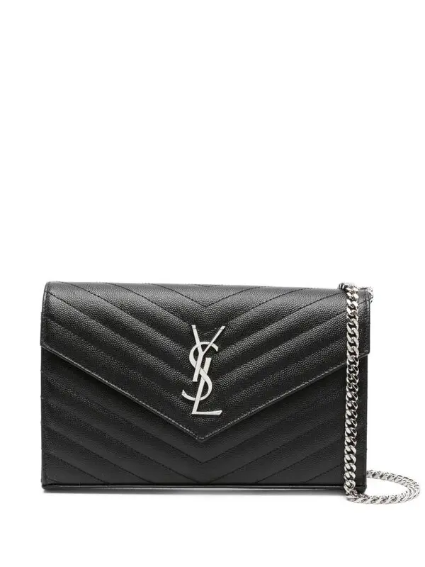 Saint Laurent Cassandre Chain Wallet In Grain De Poudre Leather - Black