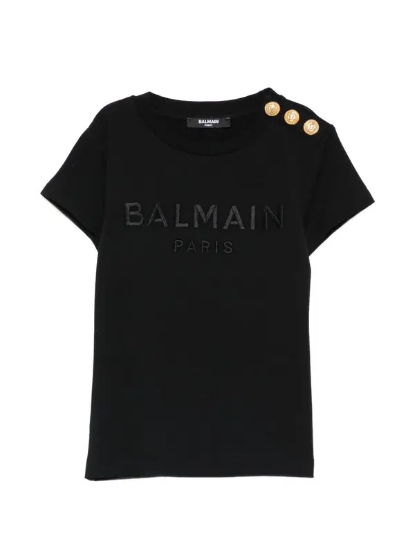 Balmain Logo Button Detail Cotton T-shirt - Black