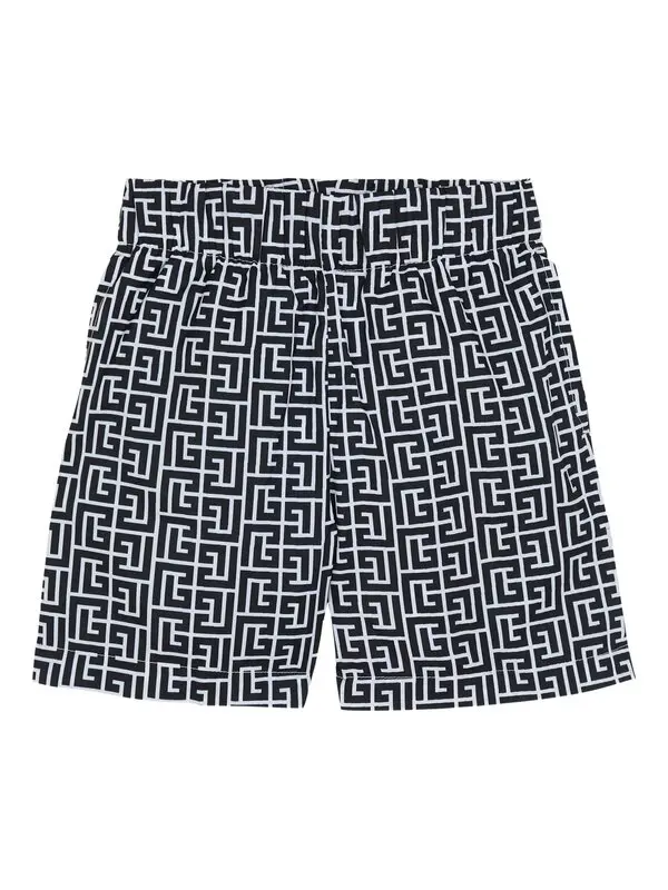 Balmain Mini Swim Shorts With Pb Monogram Print And Elastic Waistband - Black