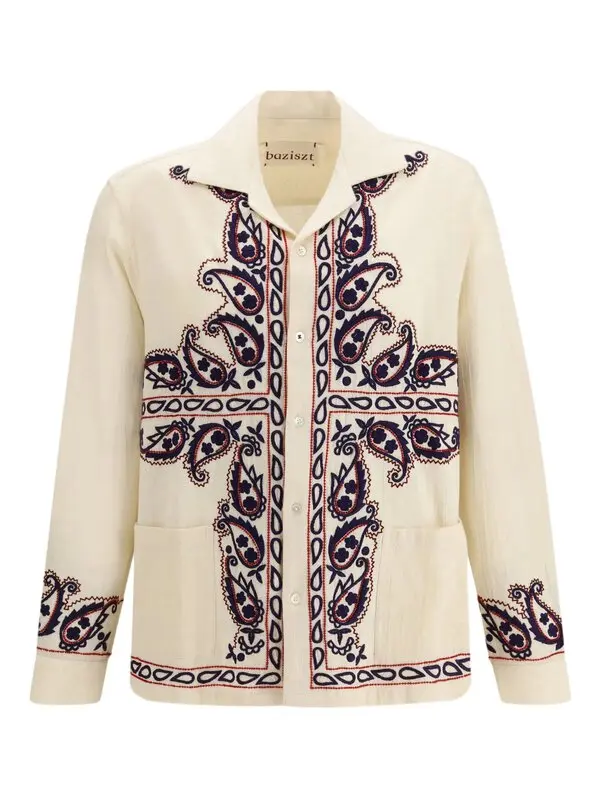 BAZISZT Silk Long Sleeve Button-up Shirt With Cuban Collar