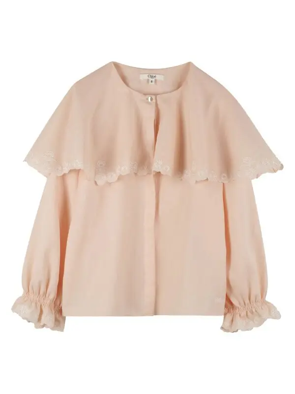 Chloé Embroidered Ruffled Collar Cotton Blouse - Pink