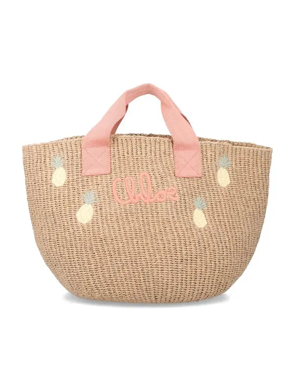Chloé Embroidered Logo Raffia Tote - Beige