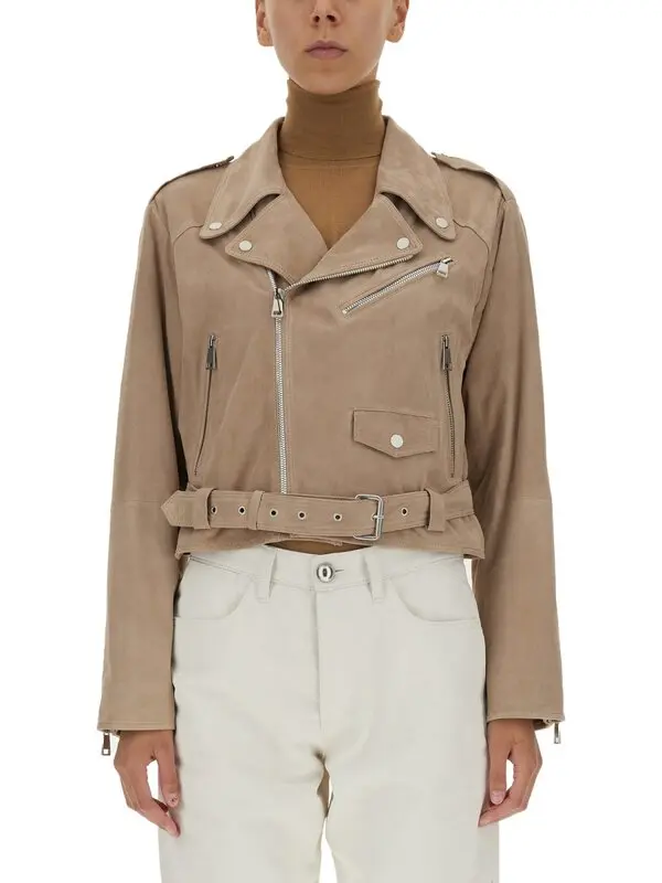 ARMA Suede Cropped Biker Jacket With Belt - Beige