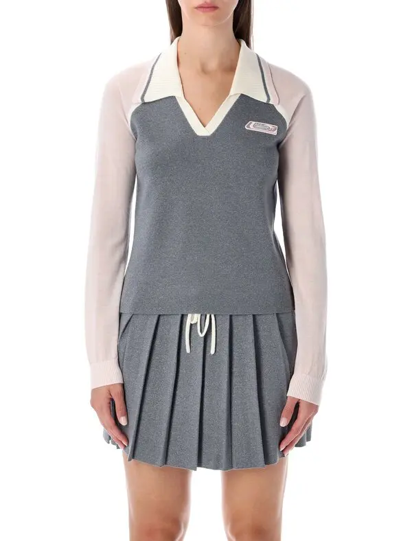 Casablanca Tennis Long-sleeved Polo Top In Merino Wool And Lurex - Silver
