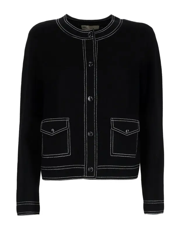 Tory Burch Topstitch Wool Cardigan - Black