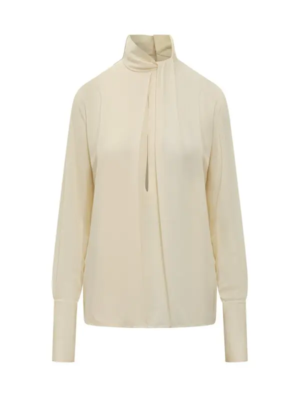 TOM FORD High Neck Silk Blouse With Bow Detail - Vanilla
