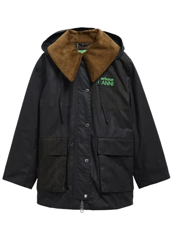 BARBOUR X GANNI Hooded Waxed Cotton Coat With Classic Tartan Accents