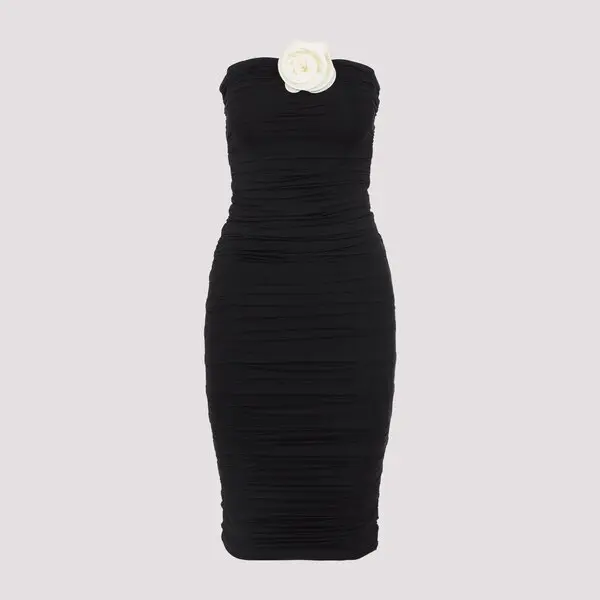 LA REVECHE Mirey Ruched Midi Dress With Floral Applique