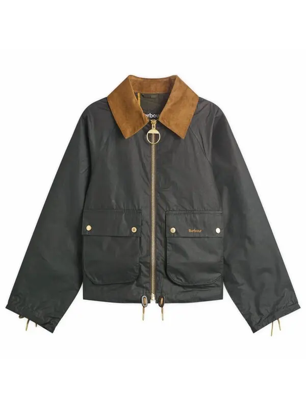 Barbour Waxed Cotton Jacket With Suede Collar And Patch Pockets - Green
