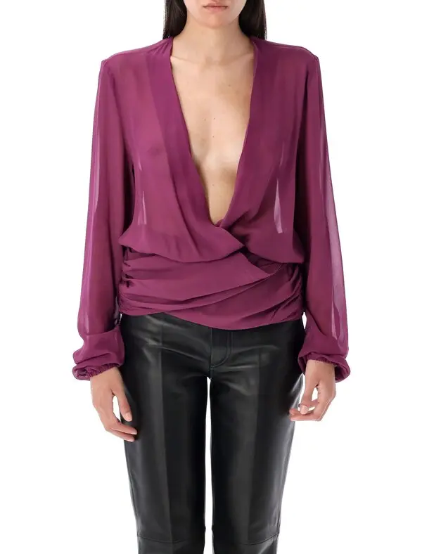 Attico V-neck Draped Viscose T-shirt - Plum
