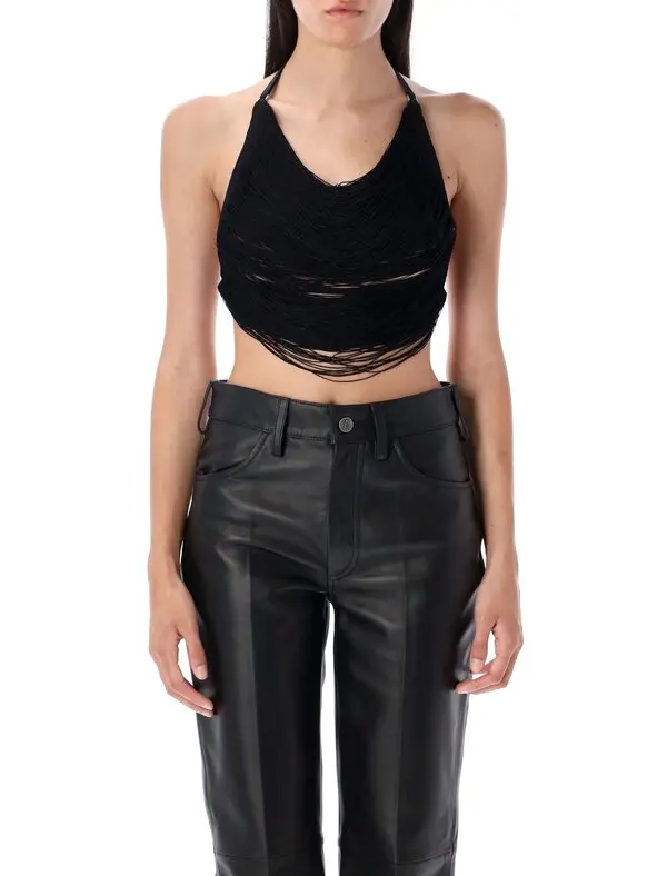 Attico Fringe Halter Crop Top - Black