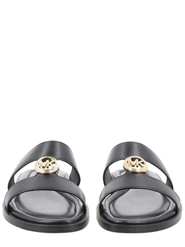 Michael Kors Crossover Leather Sandals With Gold Tone Mk Logo - Black