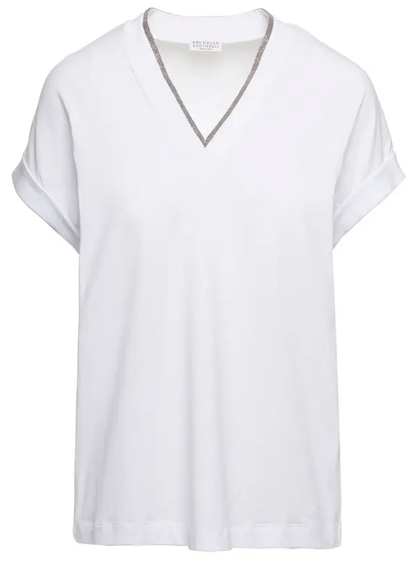 Brunello Cucinelli V-neck T-shirt With Silvery Trim - White