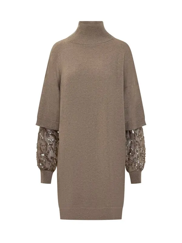 Brunello Cucinelli Cashmere Sweater Mini Dress With Embellished Sleeves