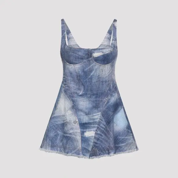 Roberto Cavalli Frayed Cotton Mini Dress - Blue
