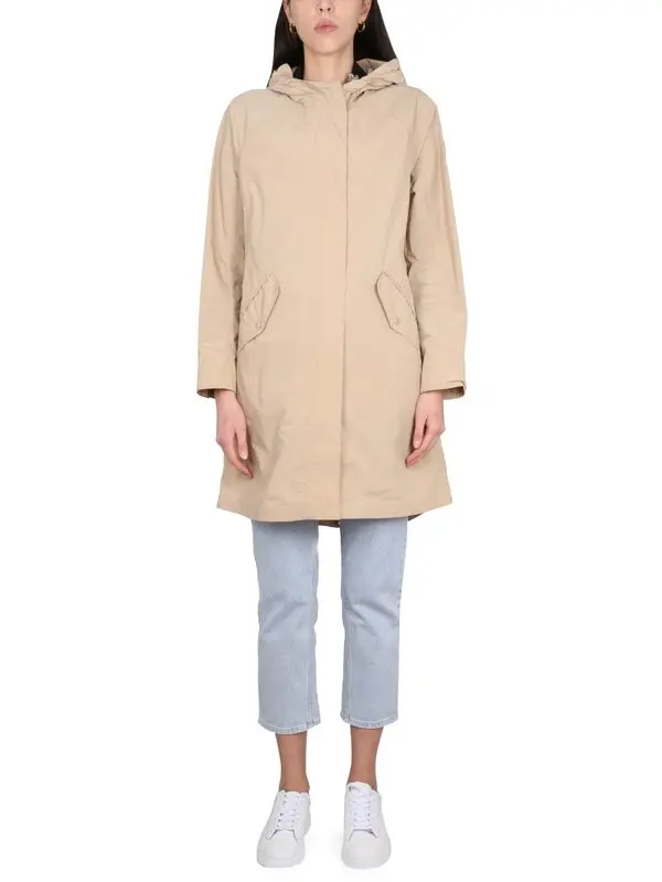 Woolrich Long Summer Parka In Urban Touch Fabric With Hood - Beige