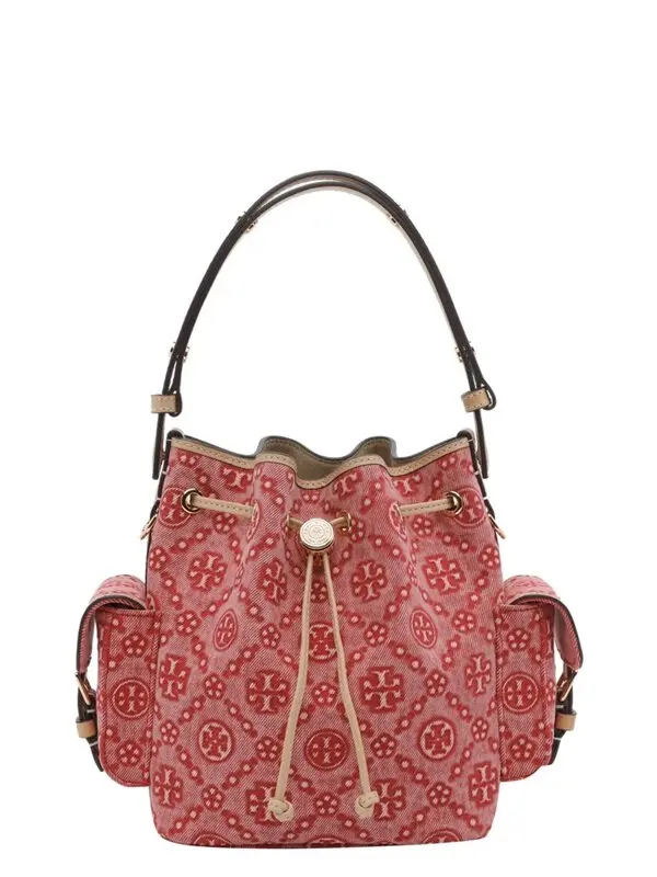 Tory Burch T Monogram Denim Bucket Bag - Red