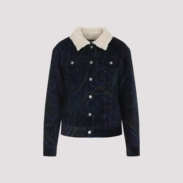 Etro Printed Cotton Blend Jacket With Shearling Collar
