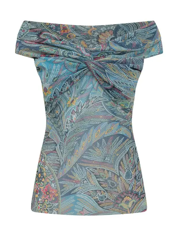 Etro Paisley Print Knot Detail Off-the-shoulder Top - Blue