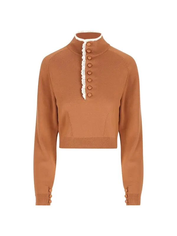 Chloé High-neck Sweater With Button And Lace Detailing - Marrone