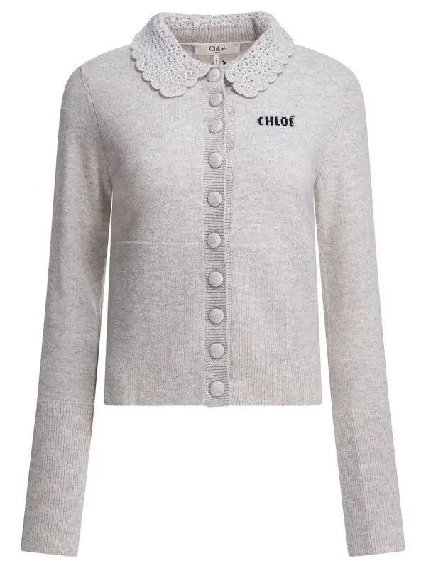 Chloé Fitted Logo Wool Knit Cardigan - Grey