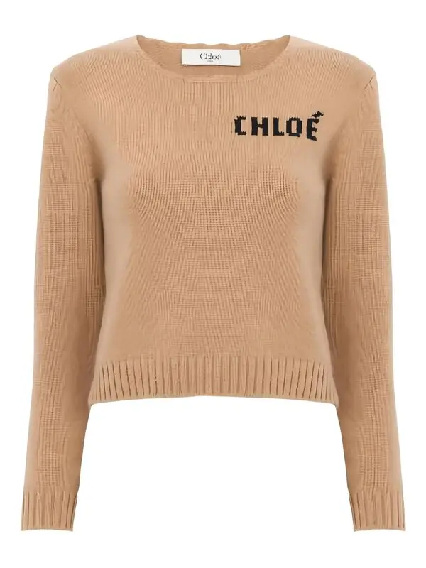 Chloé Wool And Cashmere Blend Crew Neck Sweater With Logo - Brown