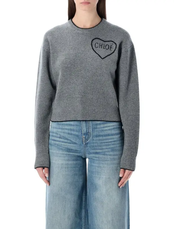 Chloé Fitted Ribbed Knit Sweater With Embroidered Heart Logo - Divine Grey